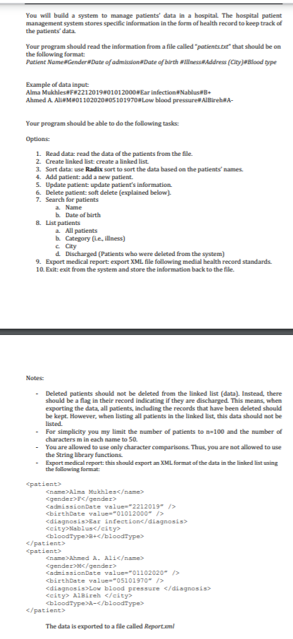 Solved You will build a system to manage patients' data in a | Chegg.com