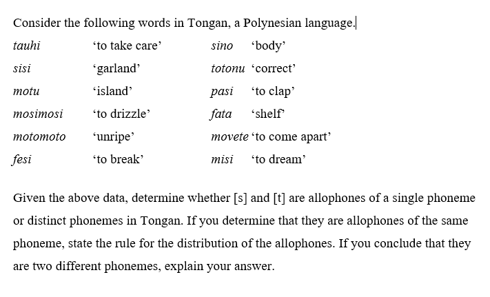 Consider the following words in Tongan, a Polynesian | Chegg.com