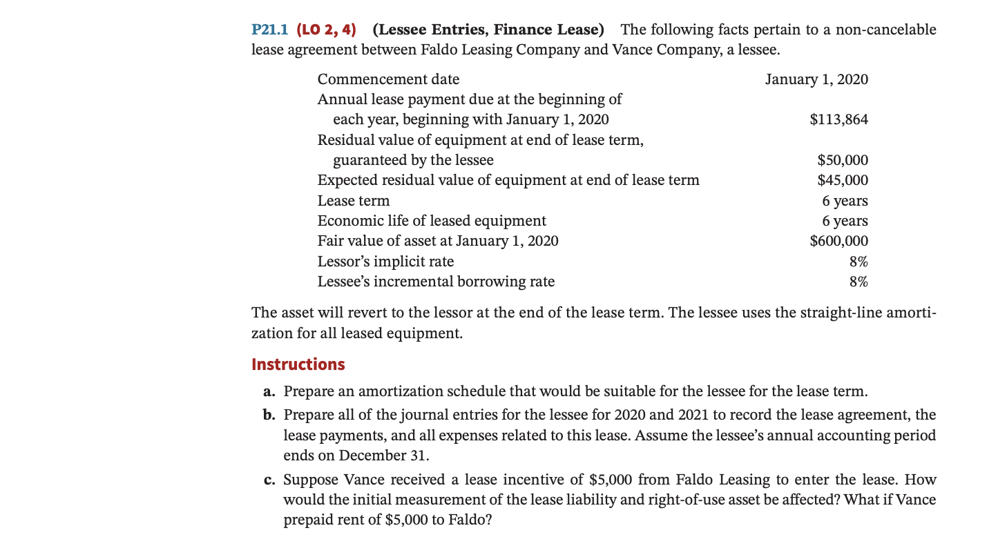 Solved P21.1 (LO 2, 4) (Lessee Entries, Finance Lease) The | Chegg.com