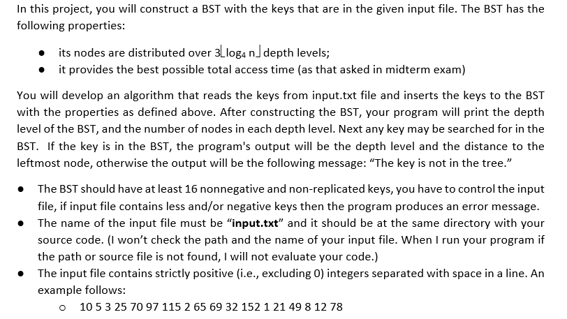 Solved In this project, you will construct a BST with the | Chegg.com