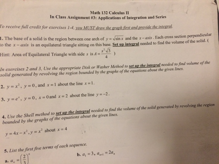 Solved Math 132 Calculus II In Class Assignment #3: | Chegg.com