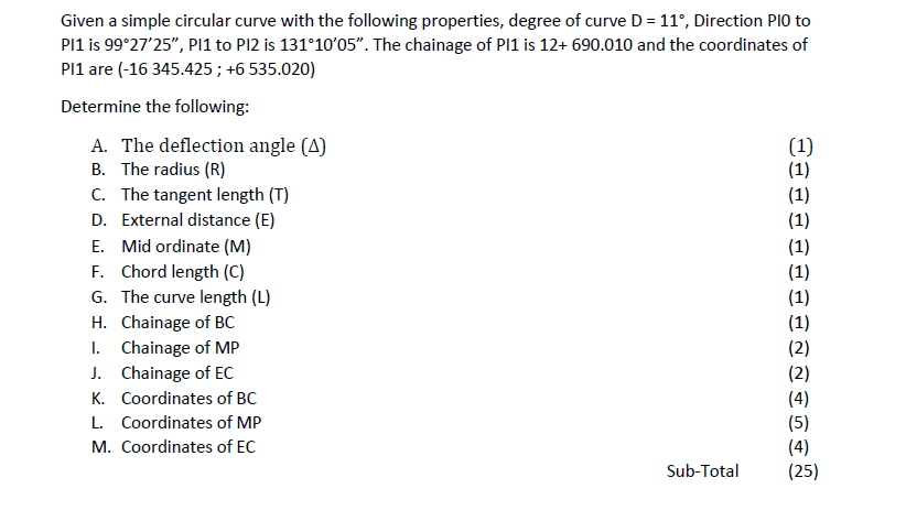 Solved Given a simple circular curve with the following | Chegg.com