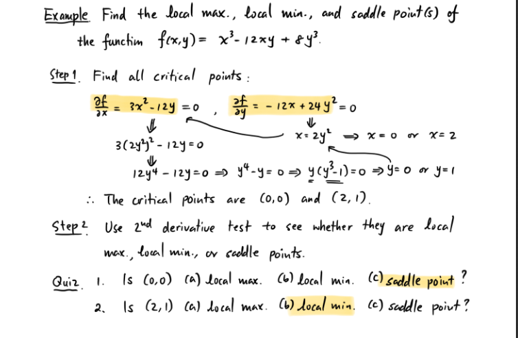 Solved Example. Find the local max., local min., and saddle | Chegg.com