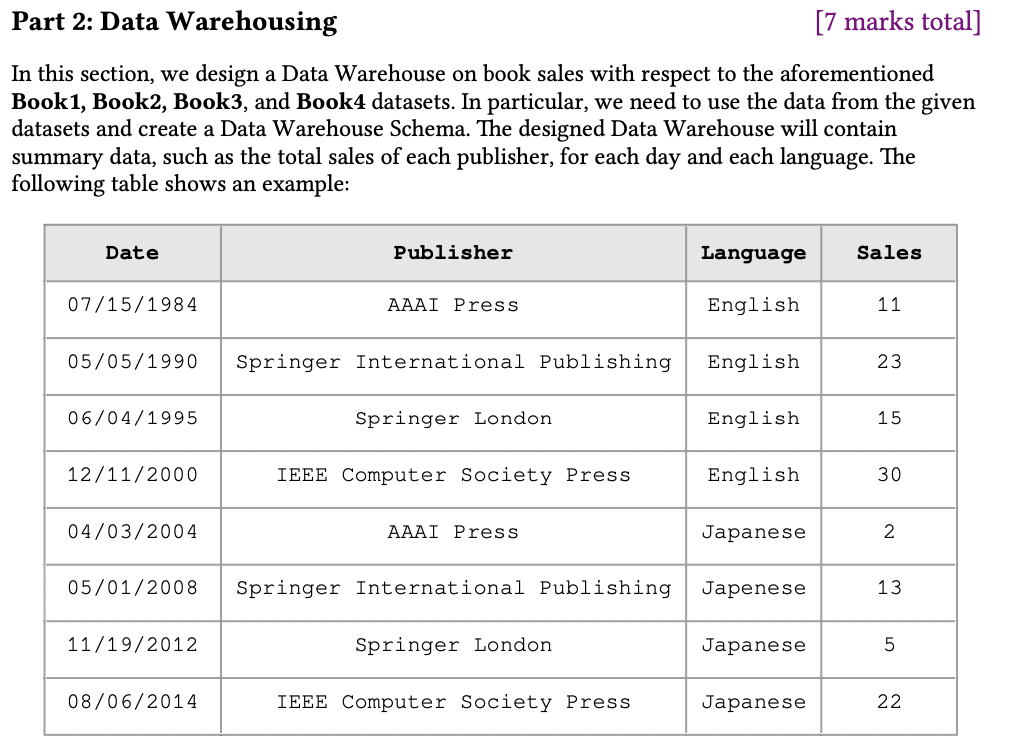 Solved Part 2: Data Warehousing [7 marks total] In this | Chegg.com