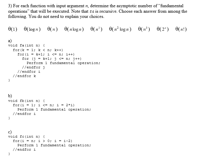 Solved 3) For each function with input argument n, determine | Chegg.com