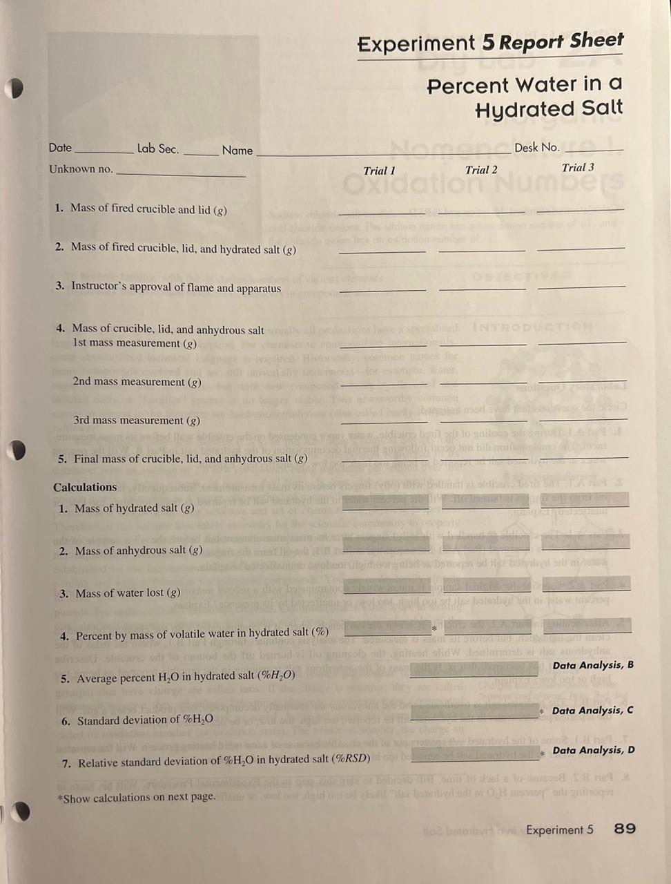 Percent Water in a Hydrated Salt 5. Final mass of | Chegg.com