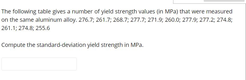 Solved The following table gives a number of yield strength | Chegg.com