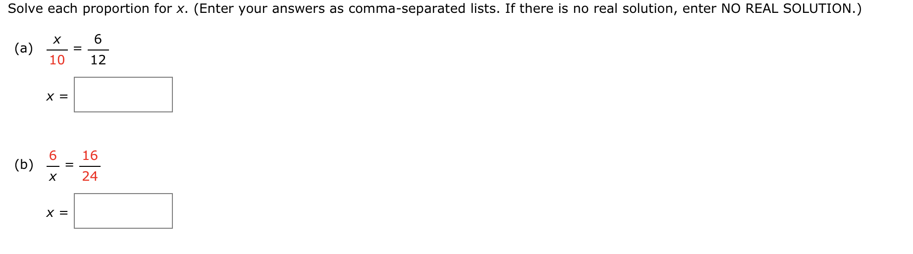 Solved Solve each proportion for x. (Enter your answers as | Chegg.com