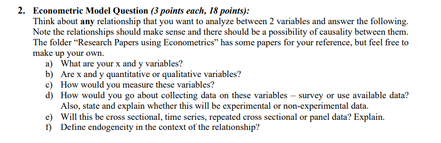 Solved 2. Econometric Model Question (3 points each, 18 | Chegg.com