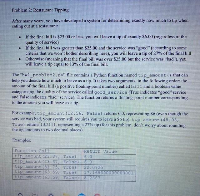 Solved Problem 2: Restaurant Tipping After many years, you | Chegg.com