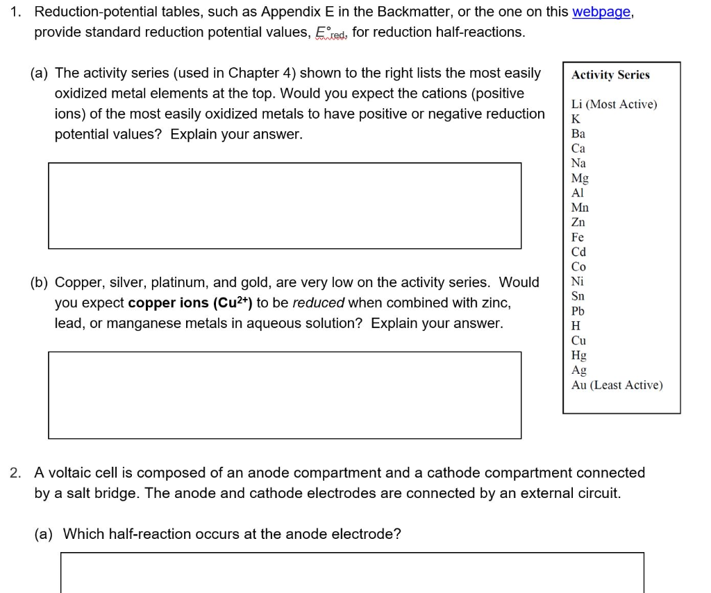 Solved 1. Reduction-potential tables, such as Appendix E in | Chegg.com
