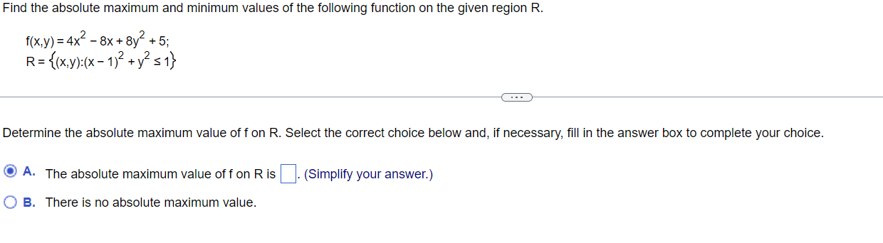 Solved The function f(x,y)=4x+4y has an absolute maximum | Chegg.com