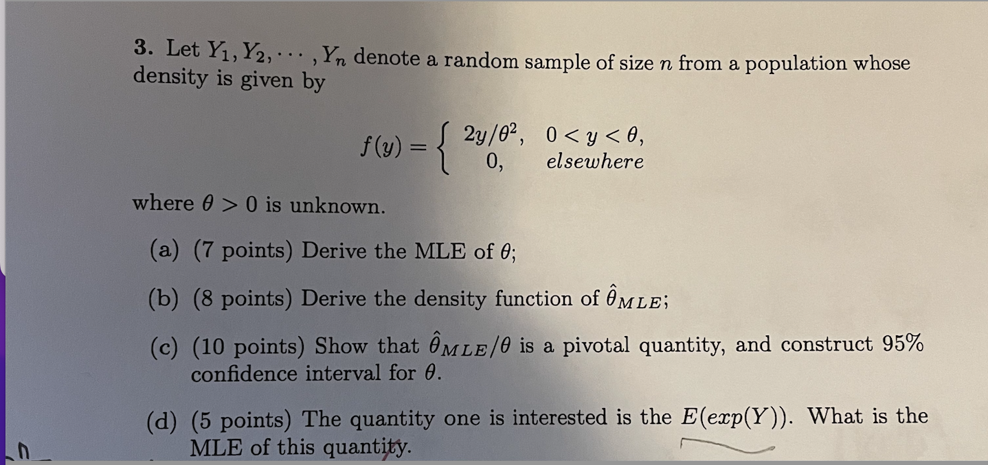 3. Let Y1,Y2,⋯,Yn denote a random sample of size n | Chegg.com