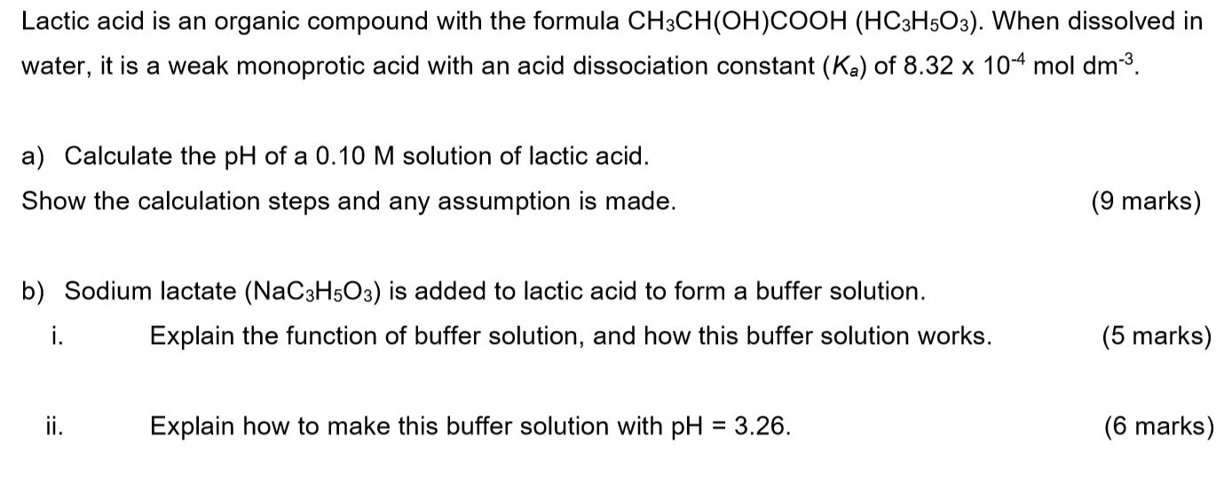 Solved Lactic acid is an organic compound with the formula | Chegg.com