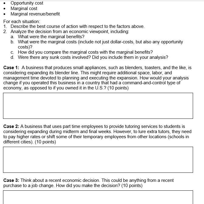 Solved Opportunity cost • Marginal cost • Marginal | Chegg.com
