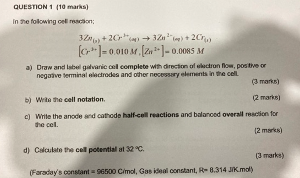 Solved In the following cell reaction; | Chegg.com