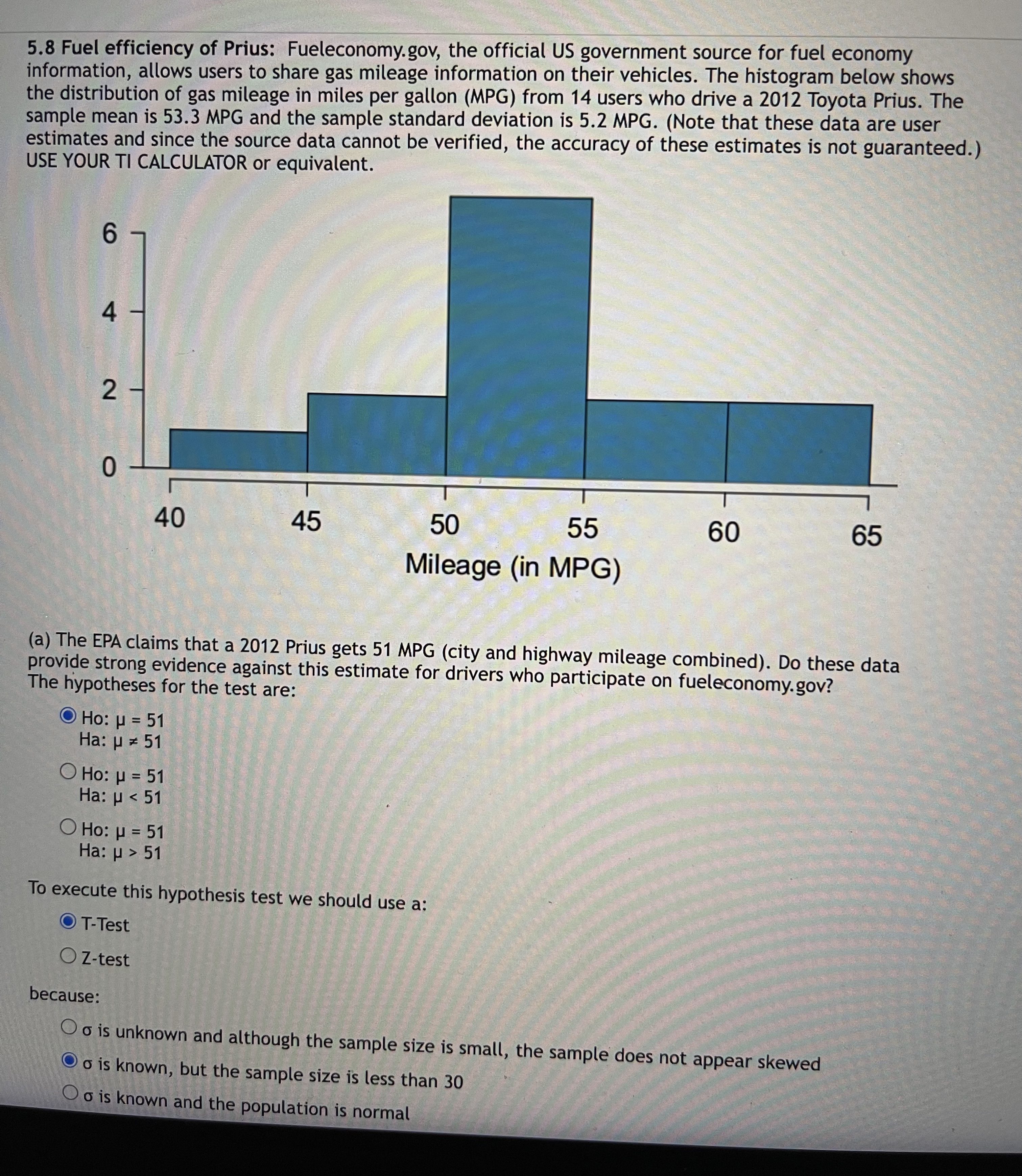 Solved 5.8 Fuel efficiency of Prius: Fueleconomy.gov, the | Chegg.com