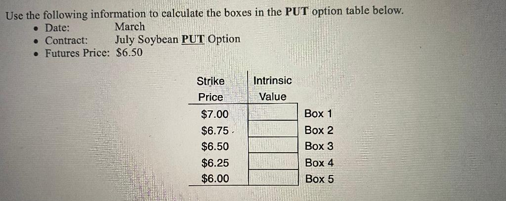 Solved 1. Box 1, what is the intrinsic value of the put | Chegg.com