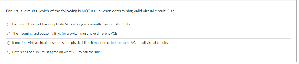 Solved For virtual circuits, which of the following is NOT a | Chegg.com