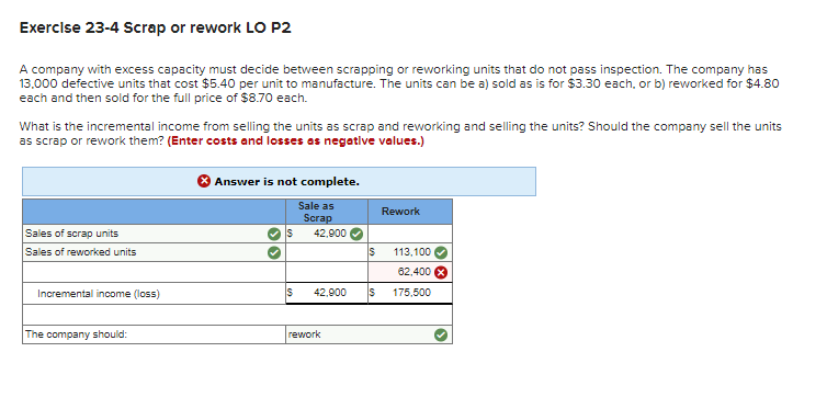 Solved Exercise 23-4 Scrap or rework LO P2 A company with | Chegg.com
