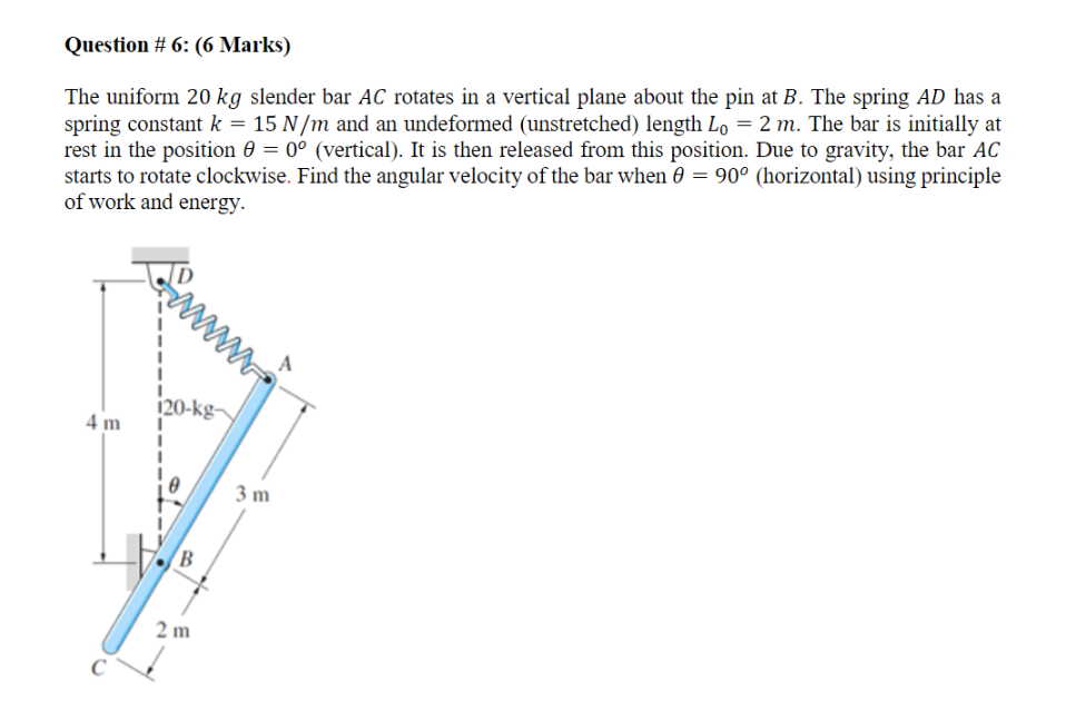 Solved Question #6: 6 Marks) The uniform 20 kg slender bar | Chegg.com