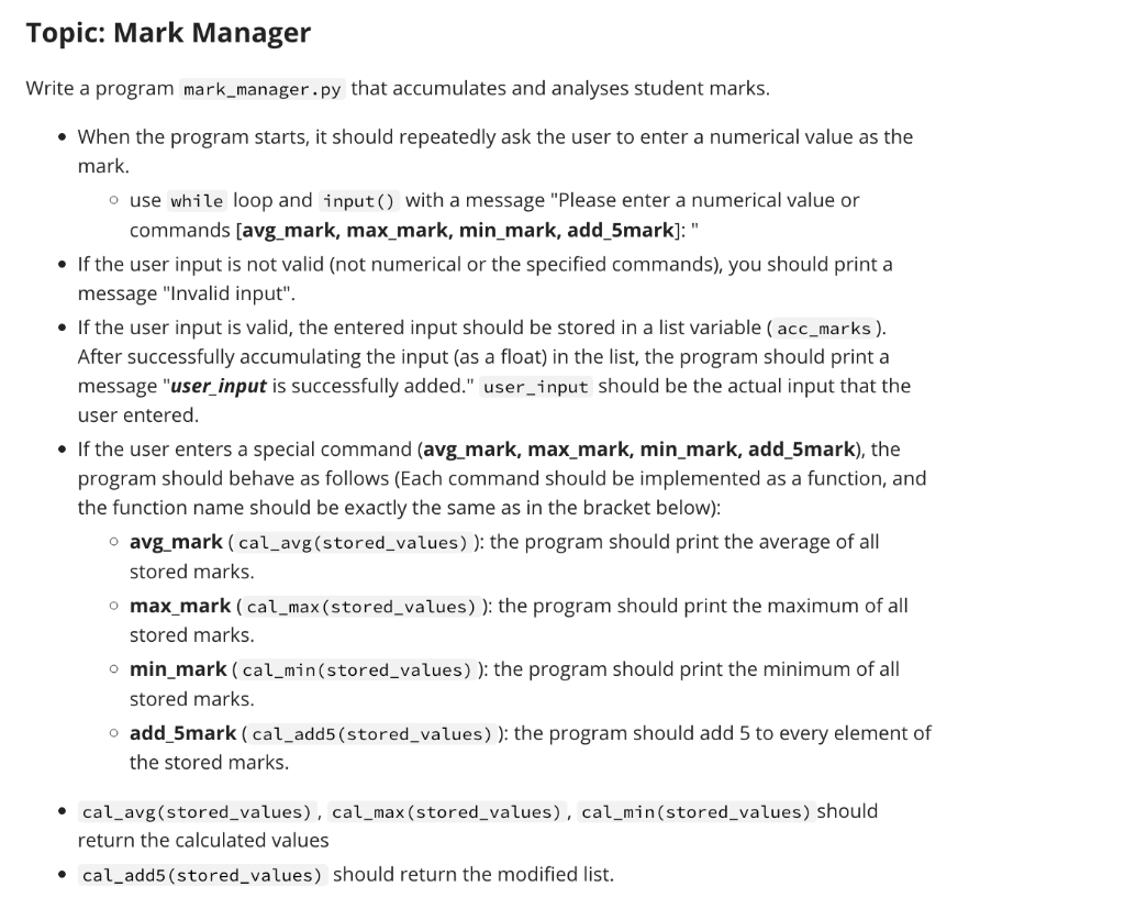Solved Topic: Mark Manager Write a program mark_manager.py | Chegg.com