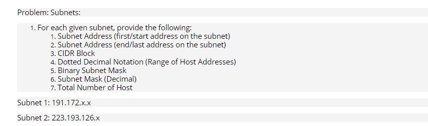 Problem: Subnets: 1. For each given subnet, provide | Chegg.com