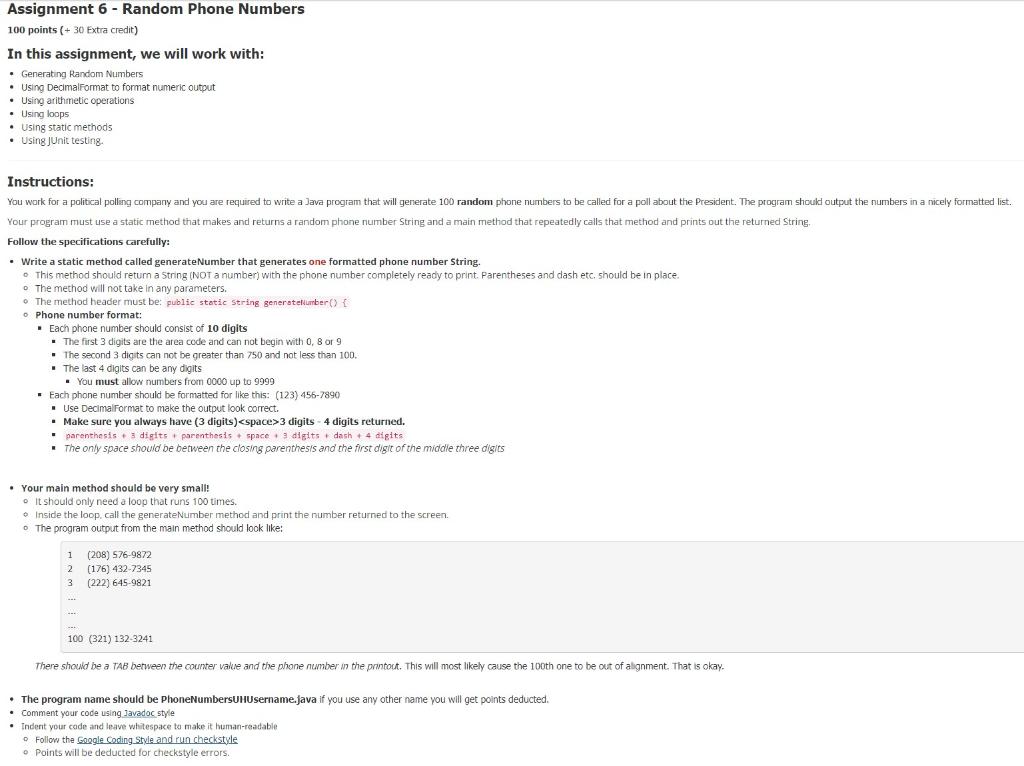 Solved Assignment 6 - Random Phone Numbers 100 points (+30 | Chegg.com