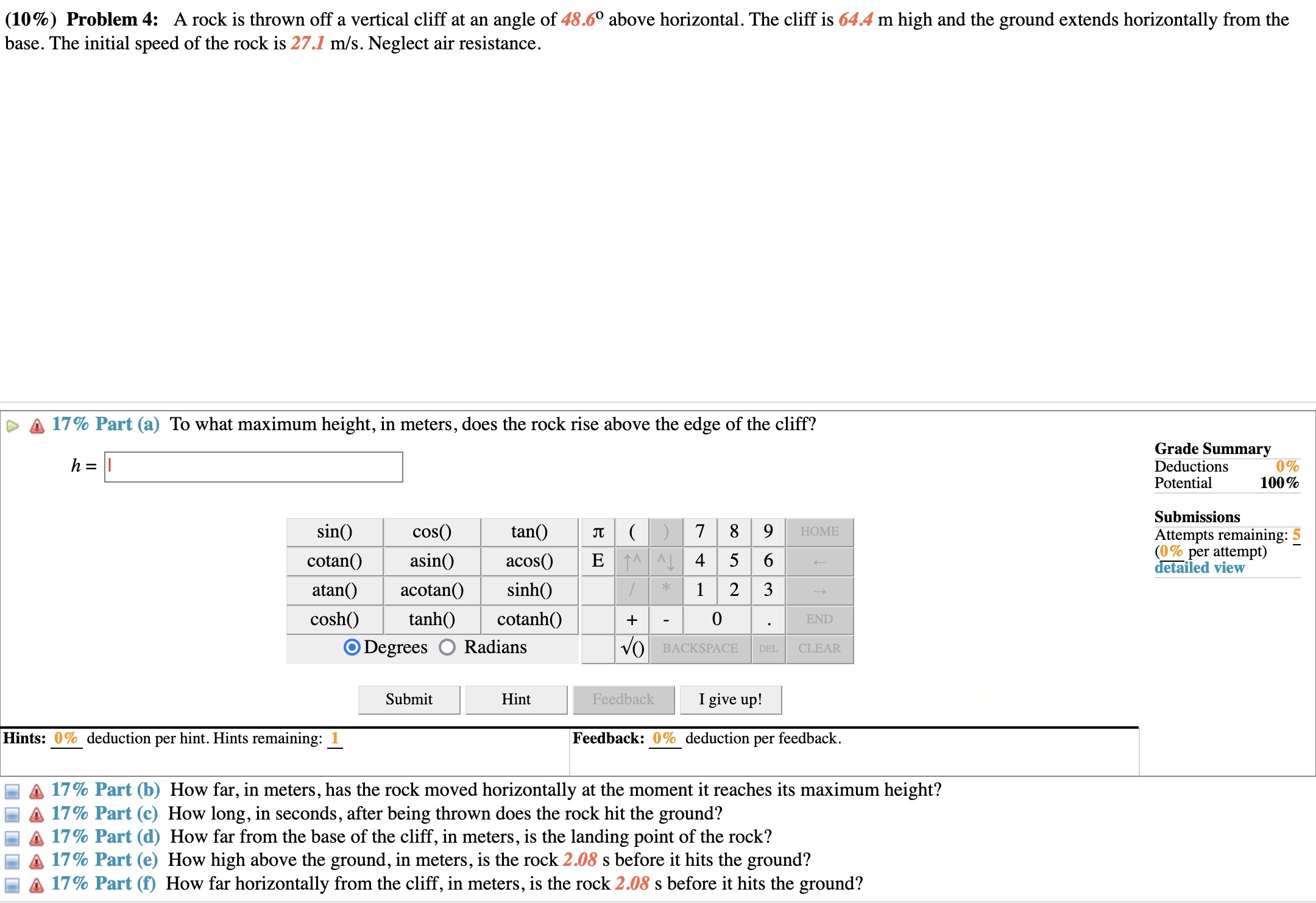 Solved (10\%) Problem 4: A rock is thrown off a vertical | Chegg.com