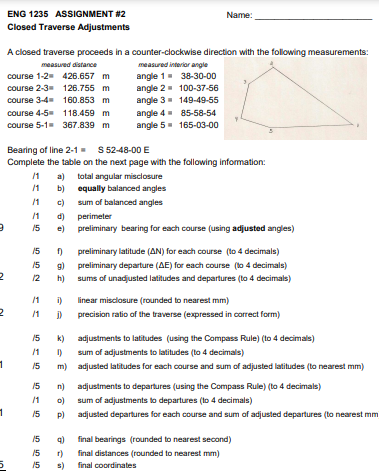 Solved ENG 1235 ASSIGNMENT #2 Name: Closed Traverse | Chegg.com