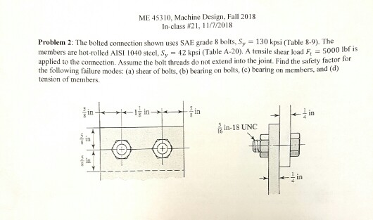 ME 45310, Machine Design. Fall 2018 in-class #21, | Chegg.com