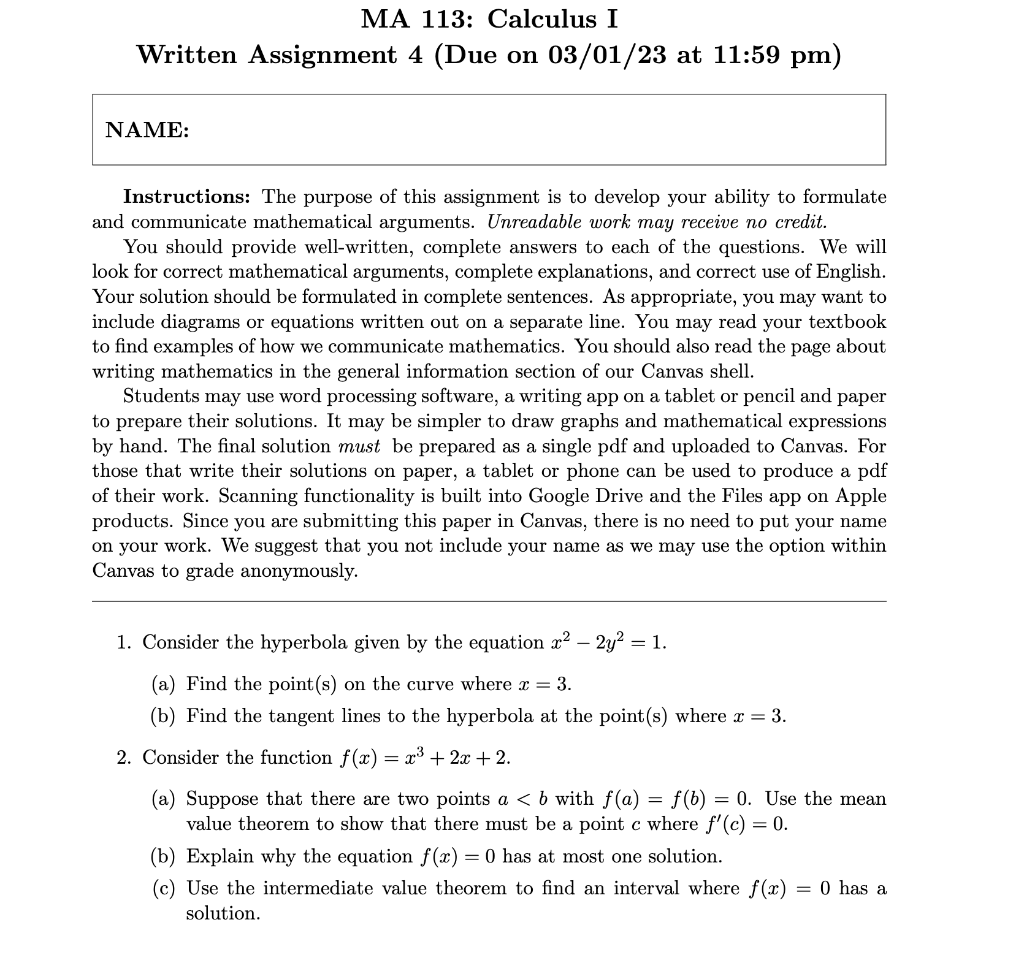 Solved MA 113: Calculus I Written Assignment 4 (Due on | Chegg.com