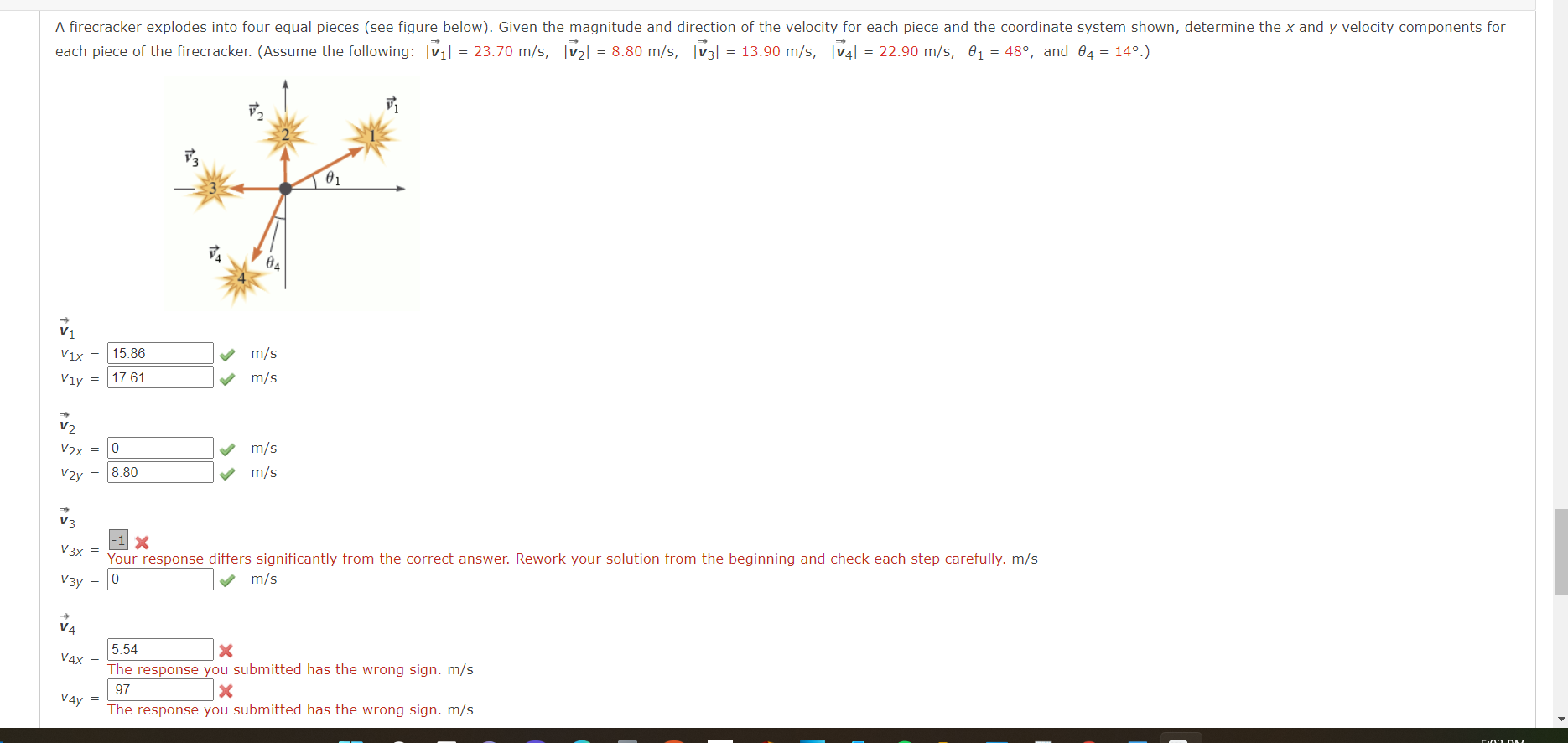 Solved A firecracker explodes into four equal pieces (see | Chegg.com