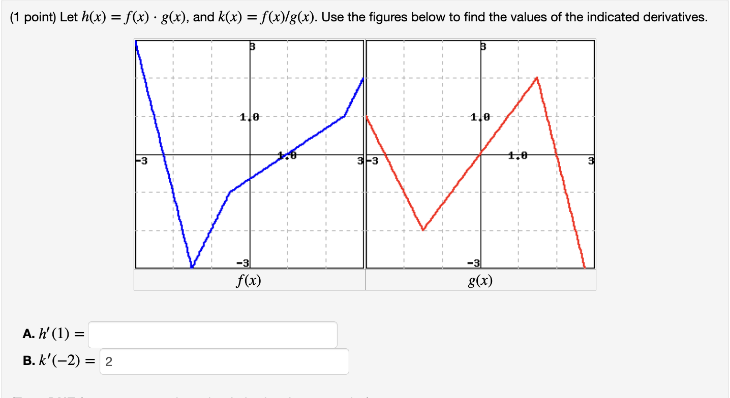 Solved (1 point) Let h(x)=f(x)⋅g(x), and k(x)=f(x)/g(x). Use | Chegg.com