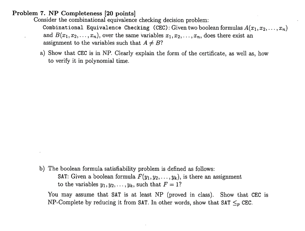 Solved Problem 7. NP Completeness (20 points) Consider the | Chegg.com