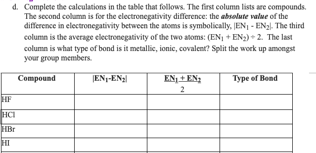 Solved d. Complete the calculations in the table that | Chegg.com