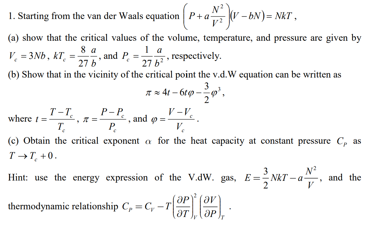 Solved Starting from the van der Waals equation | Chegg.com