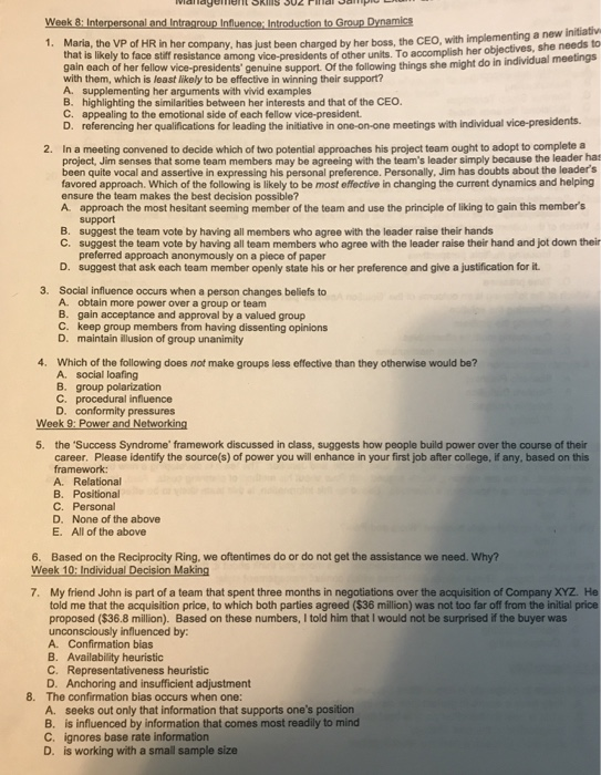 Solved Week 8: Interpersonal and Intragroup Influence: | Chegg.com