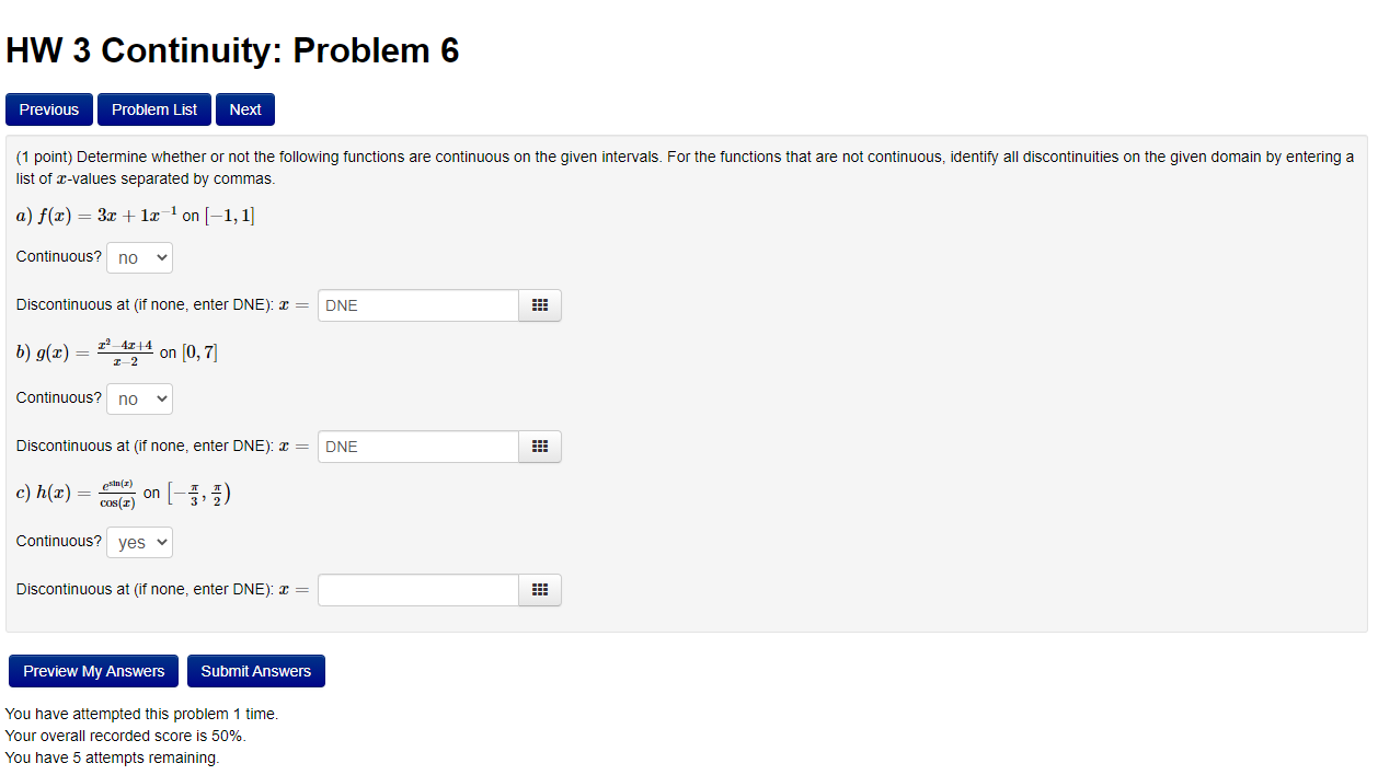 Solved HW 3 Continuity: Problem 6 Previous Problem List Next | Chegg.com
