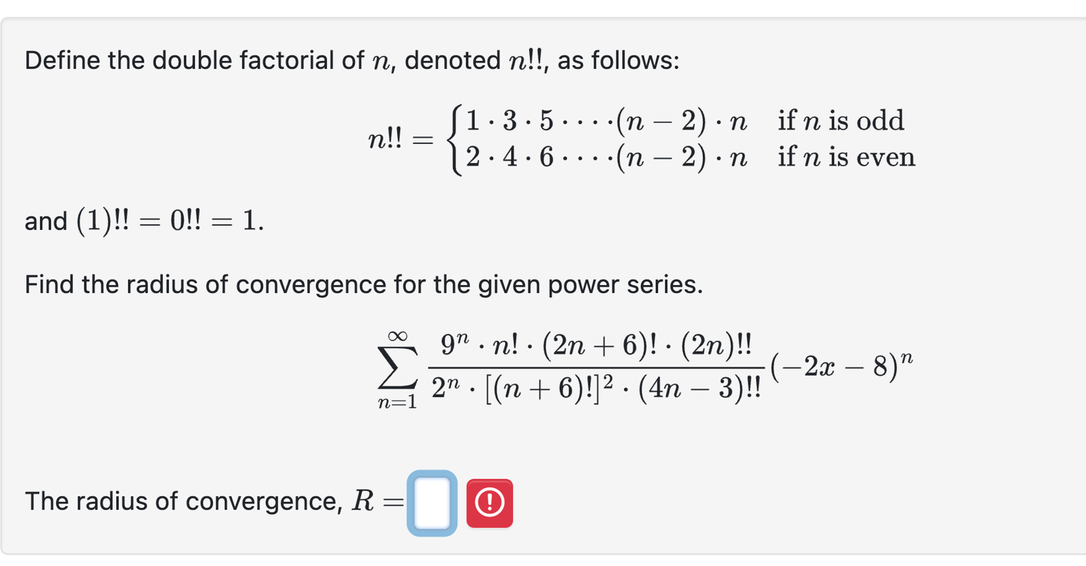 Solved Define the double factorial of n, ﻿denoted n !!, ﻿as | Chegg.com