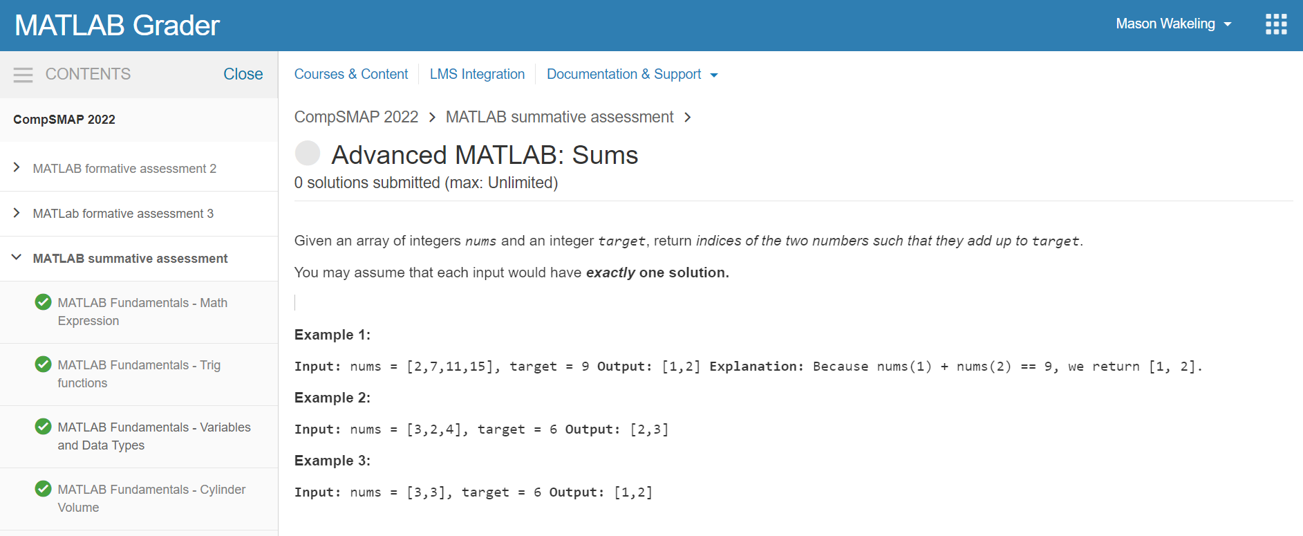 Solved III MATLAB Grader Mason Wakeling DI E CONTENTS Close | Chegg.com