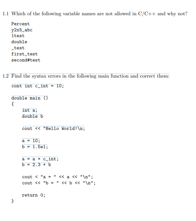 Solved 1.1 Which of the following variable names are not | Chegg.com