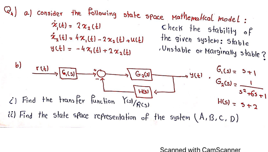 Solved ∂4) a) consider the following state space | Chegg.com