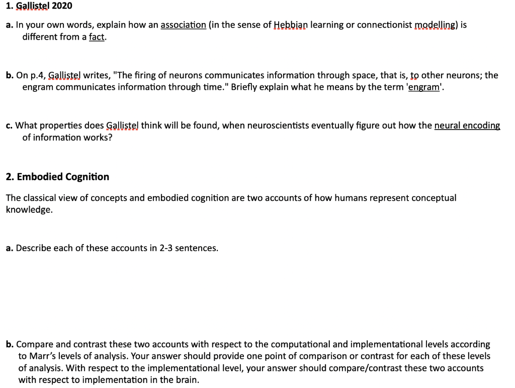 1. Gallistel 2020 a. In your own words, explain how | Chegg.com