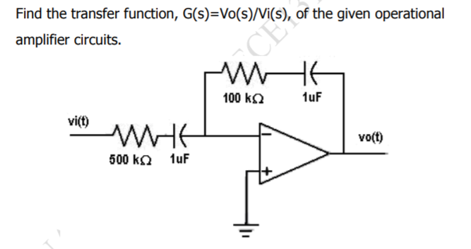 Solved Find the transfer function, G(S)=Vo(s)/Vi(s), of the | Chegg.com