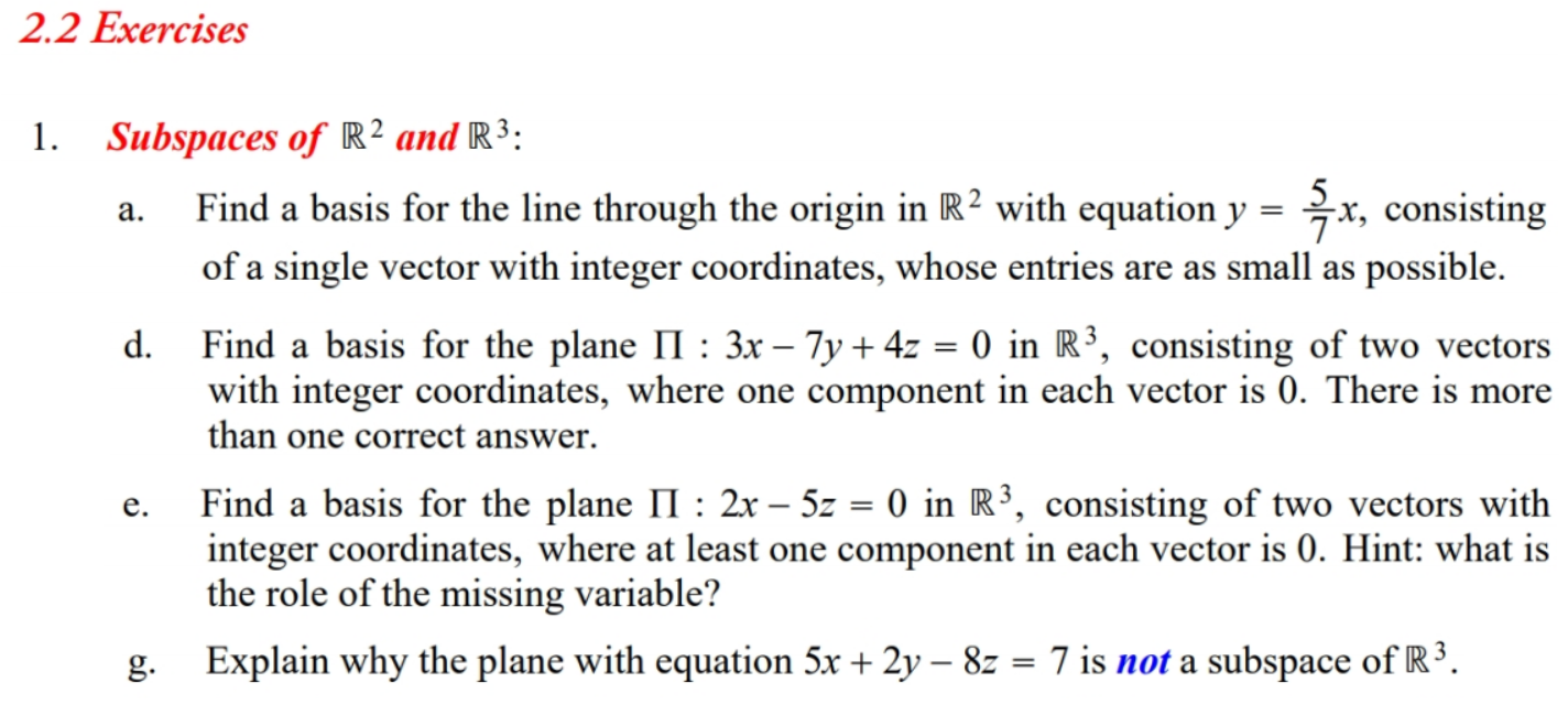 Solved 2.2 Exercises a. 1. Subspaces of R2 and R3: Find a | Chegg.com