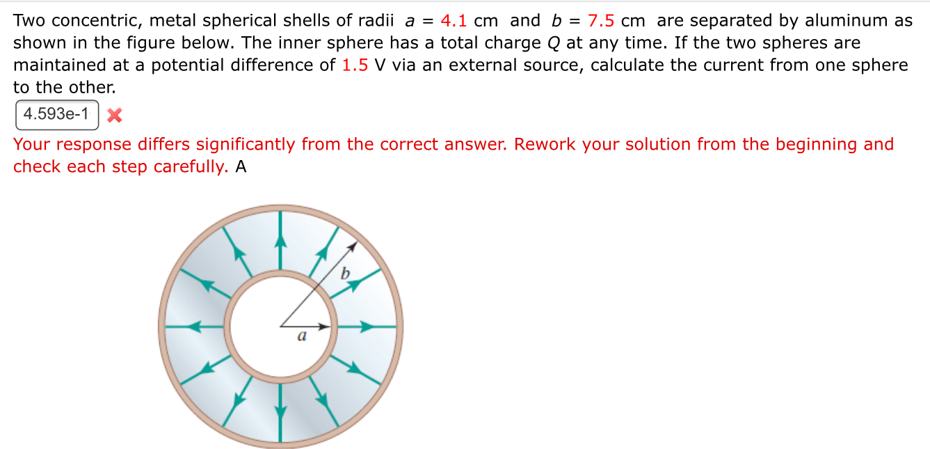 Solved Two concentric, metal spherical shells of radii a = | Chegg.com