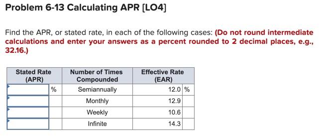 Solved Problem 6-13 Calculating APR (LO4) Find the APR, or | Chegg.com