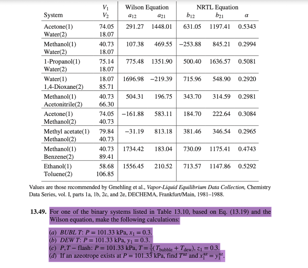 Solved Values are those recommended by Gmehling et al., | Chegg.com