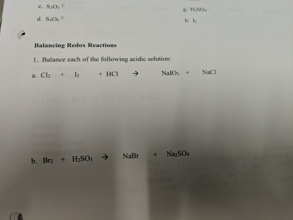 Solved c. S2O3 2- g. H2SO h. 12 Balancing Redox Reactions 1. | Chegg.com